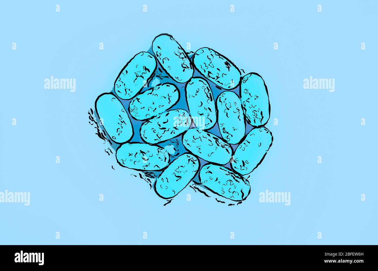 Medical pills in flat lay on blue background.Sketchy drawing ...