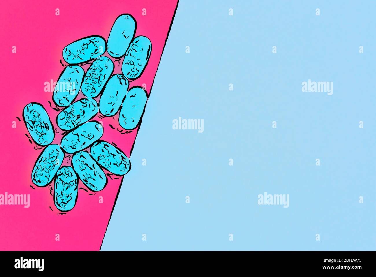 Blue vitamin pills in sketchy drawing illustration.Flat lay background ...