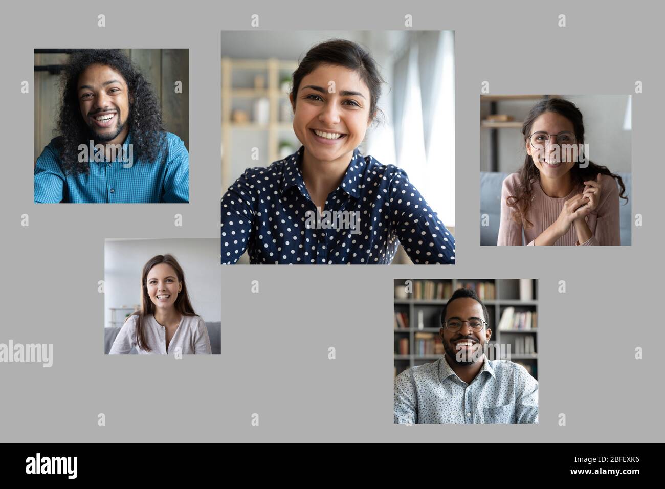 On gray background photos of five beautiful multiracial people Stock ...