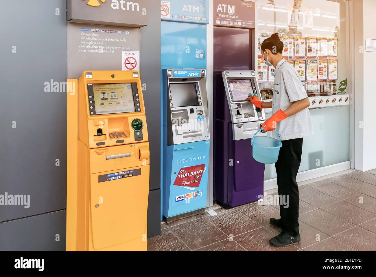 KANCHANABURI, THAILAND - APRIL 12, 2020 : Unidentified male officer ...