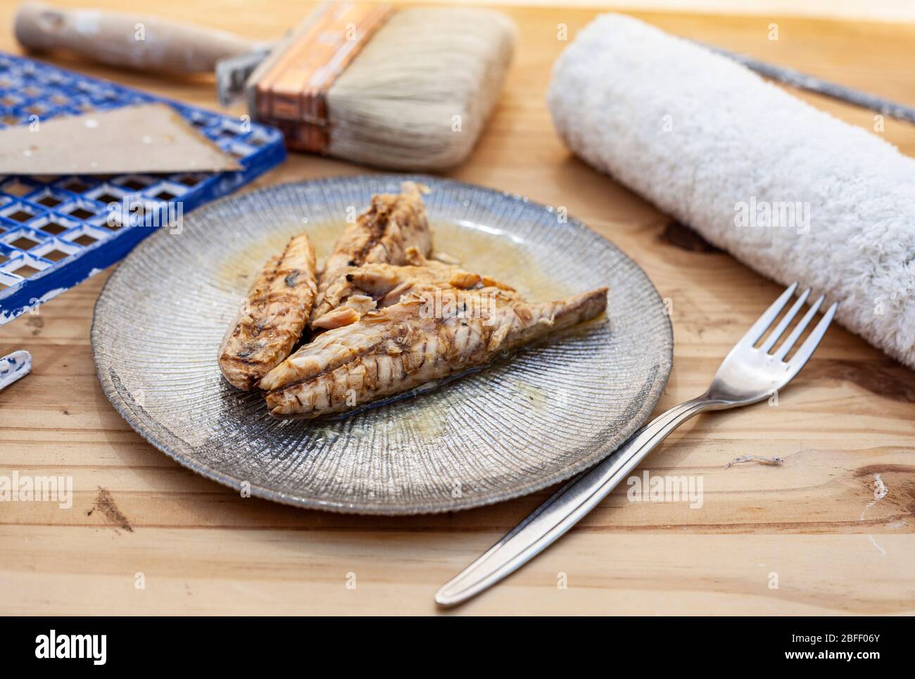 Grilled mackerel fillets on a work table for painting, natural light ...