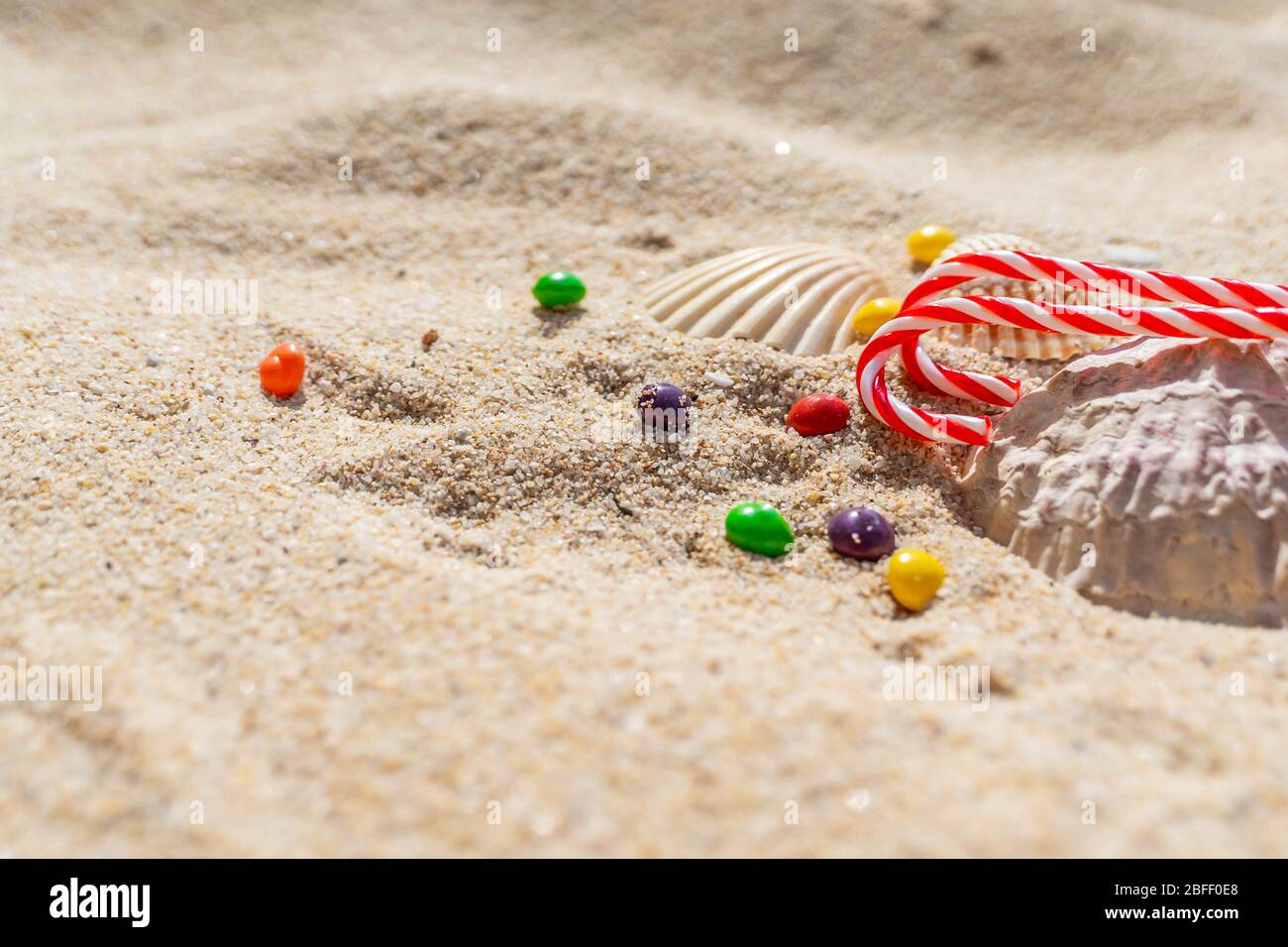 candy cane, seashells and colorful chocolate candies on the sandy beach ...