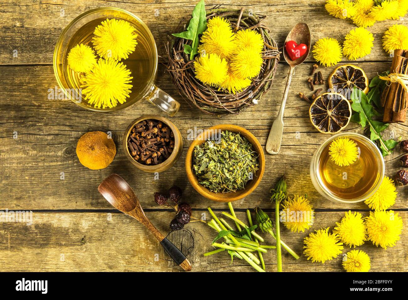 Herbal tea infusion of fresh dandelion leaf, with yellow blossoms ...