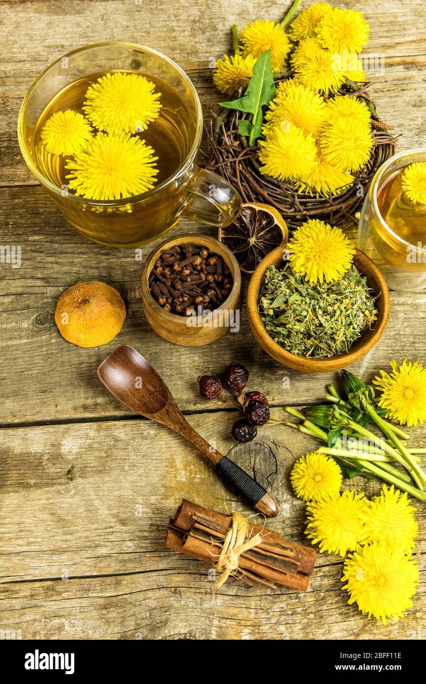 Herbal tea infusion of fresh dandelion leaf, with yellow blossoms ...