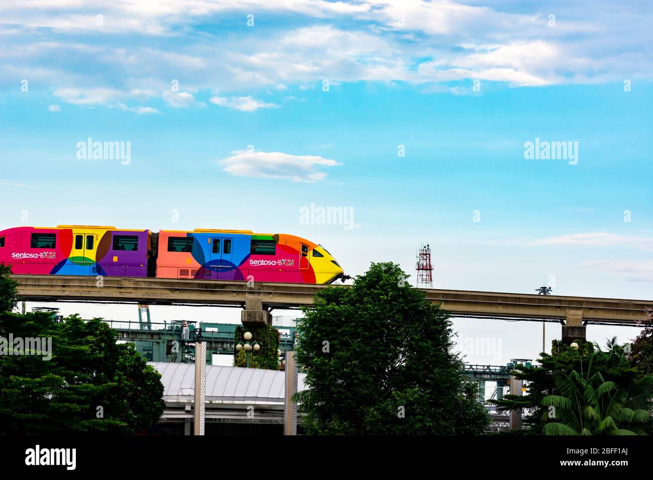 Colorful Sentosa Express Train while going towards Sentosa Park ...