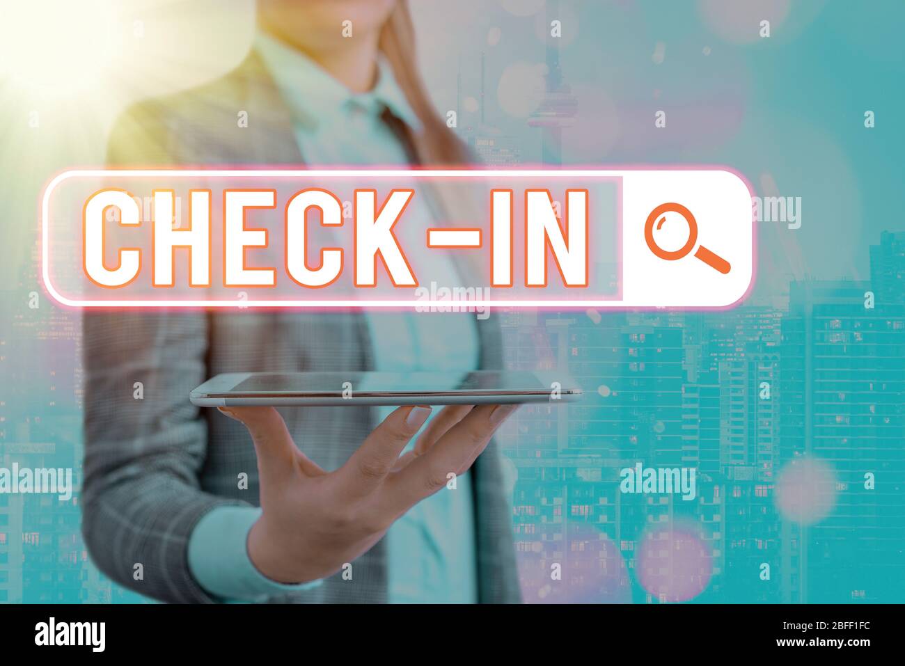 Conceptual hand writing showing Check In. Concept meaning Procedure by which an airline or hotel ...