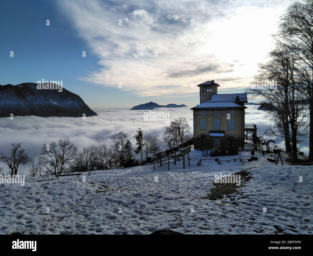 Lugano, Monte Bré: Panorama with fog in the valley below Stock Photo ...