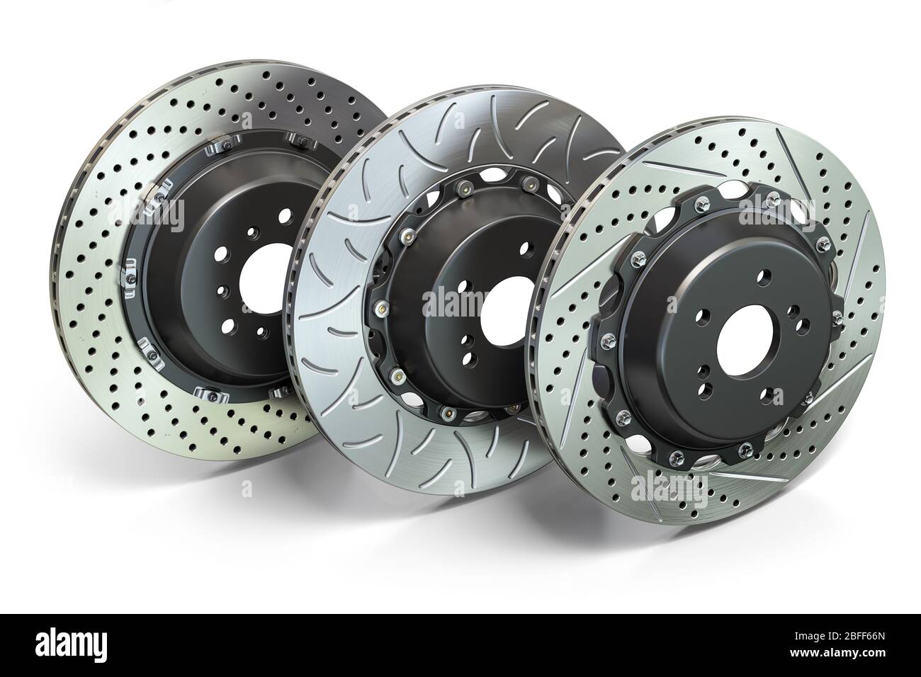 Drilled and slotted brake disks in a row. Different types of brake ...