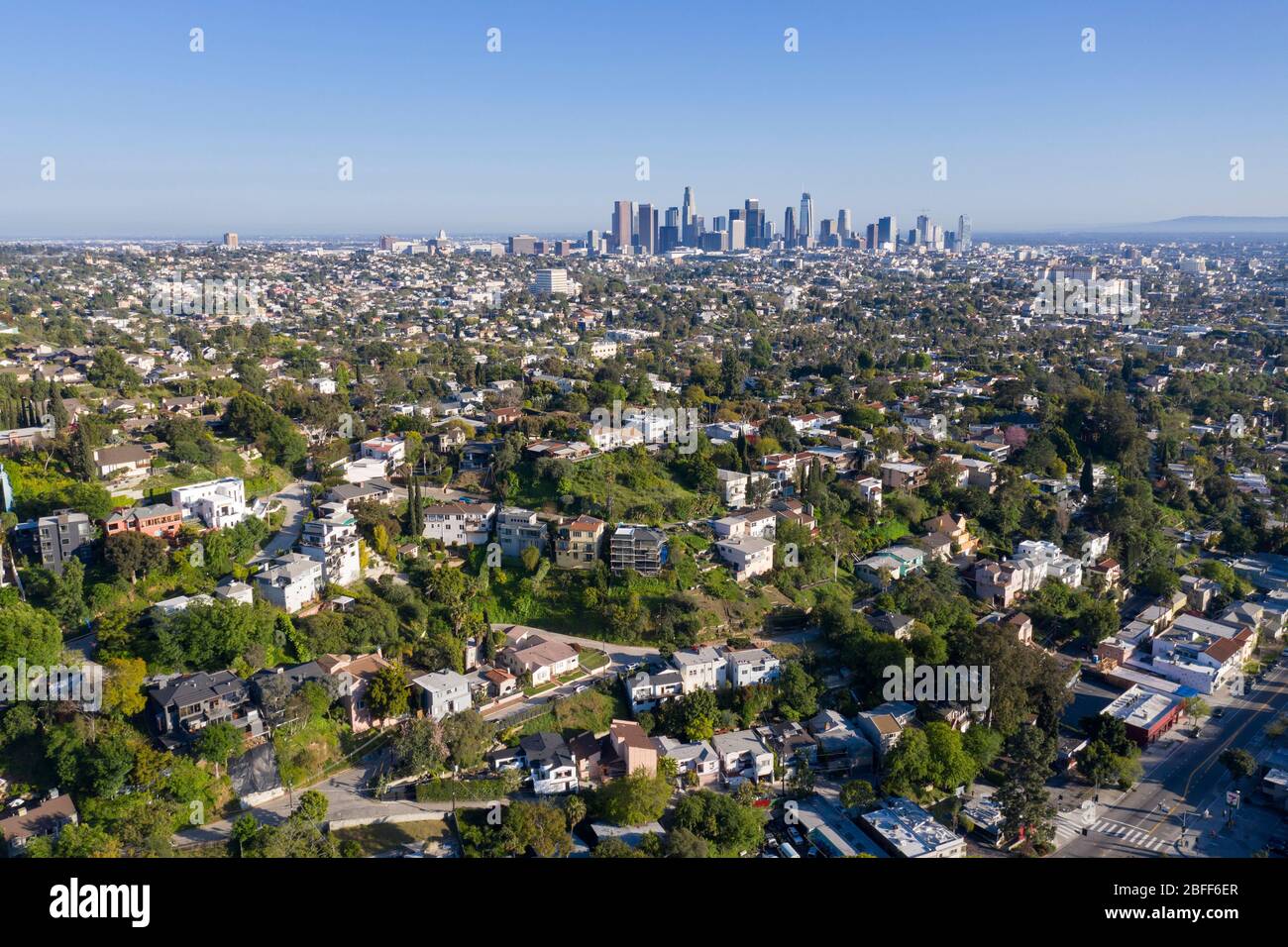 Aerial views above the Silver Lake neighborhood looking towards the Los ...