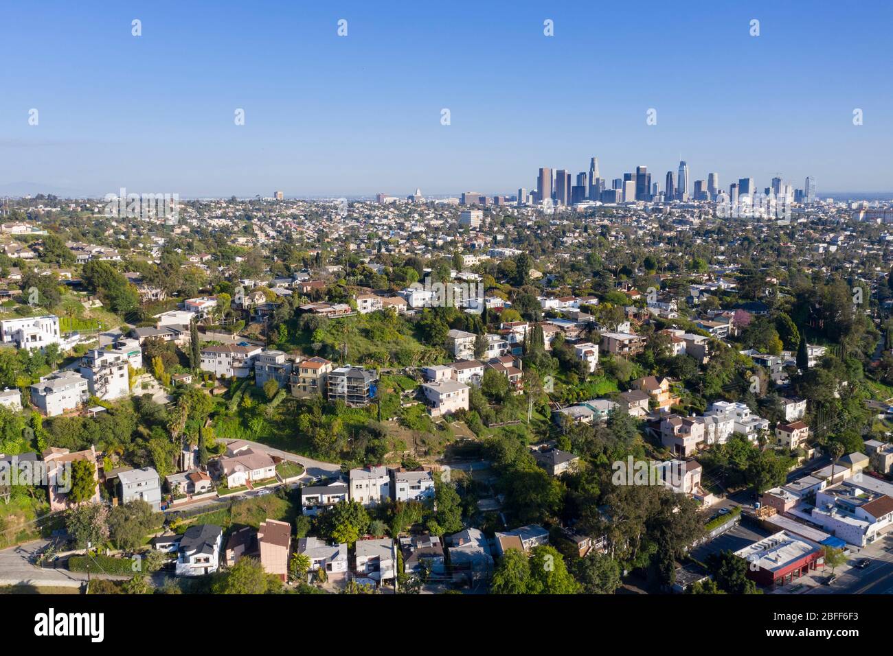 Aerial views above the Silver Lake neighborhood looking towards the Los ...