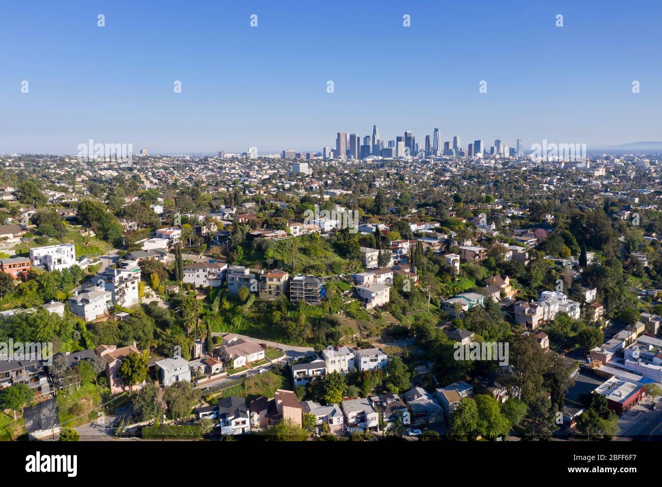 Aerial views above the Silver Lake neighborhood looking towards the Los ...
