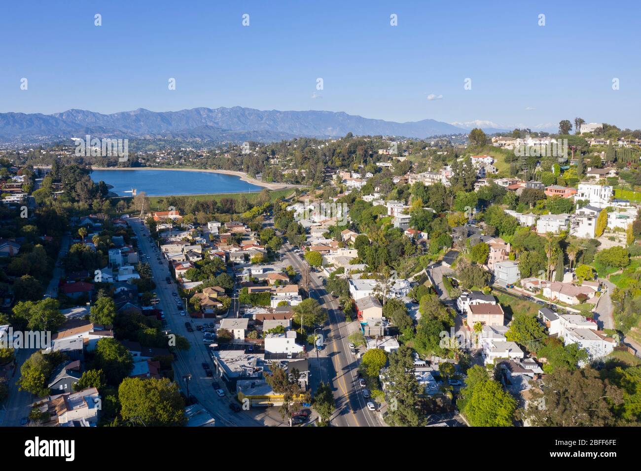 Aerial view above the trendy Silver Lake neighborhood in Los Angeles ...