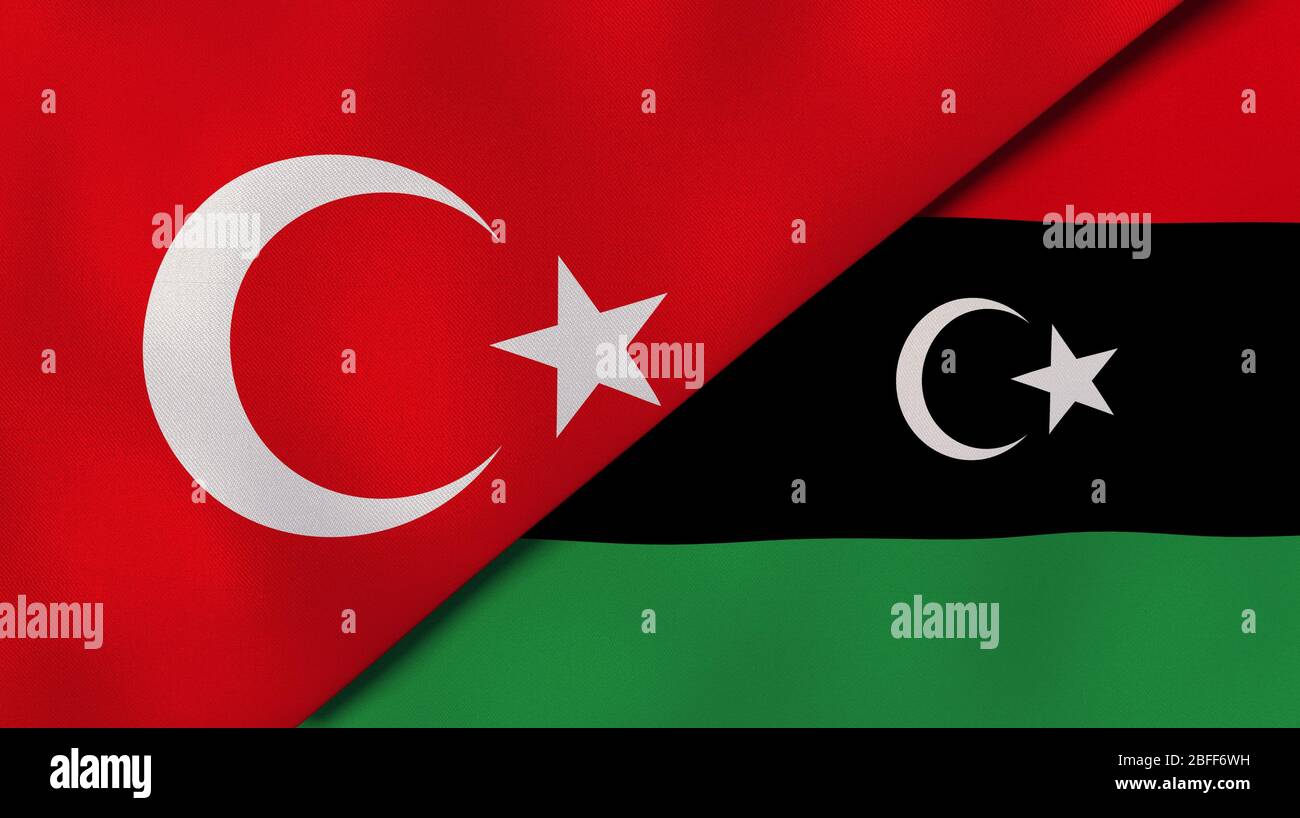 Two states flags of Turkey and Libya. High quality business background ...