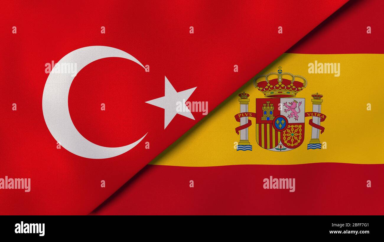 Two states flags of Turkey and Spain. High quality business background ...