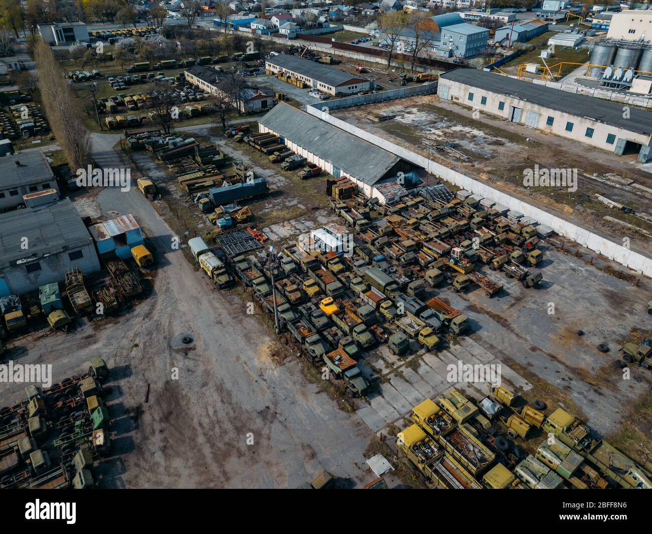 Old rusty broken Russian military cars for scrap metal, aerial view Stock Photo - Alamy