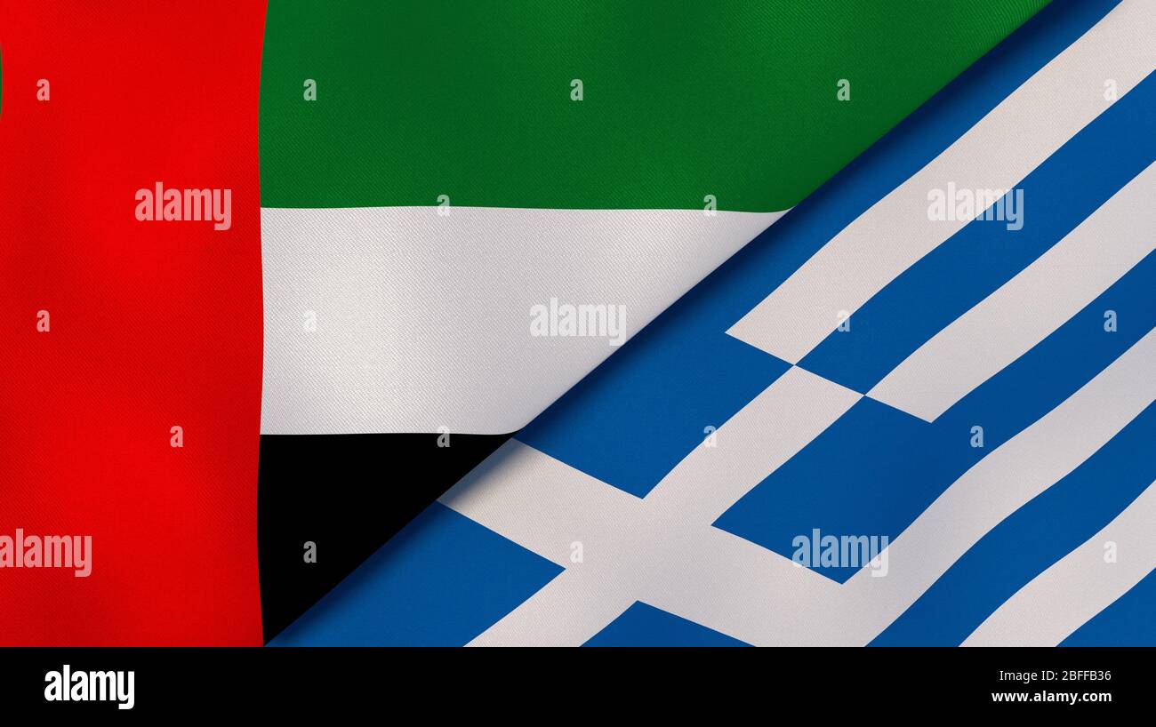 Two states flags of United Arab Emirates and Greece. High quality ...