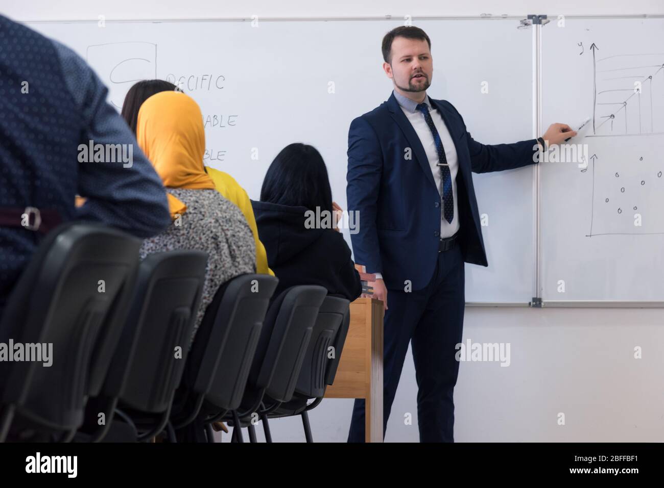 Male Professor Holding Lecture to Multi Ethnic Group of Students. Smart ...