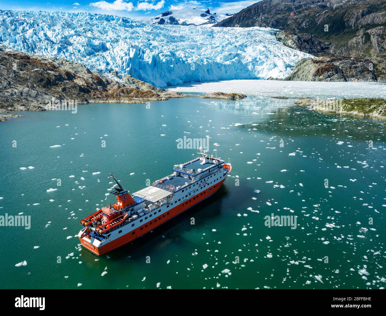 Aerial view of El Brujo Glacier On The Edge Of The Sarmiento Channel in ...