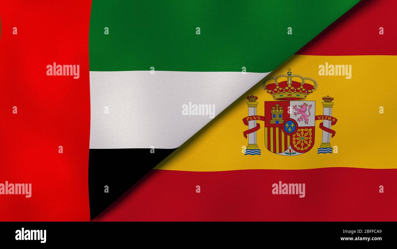 Two states flags of United Arab Emirates and Spain. High quality ...