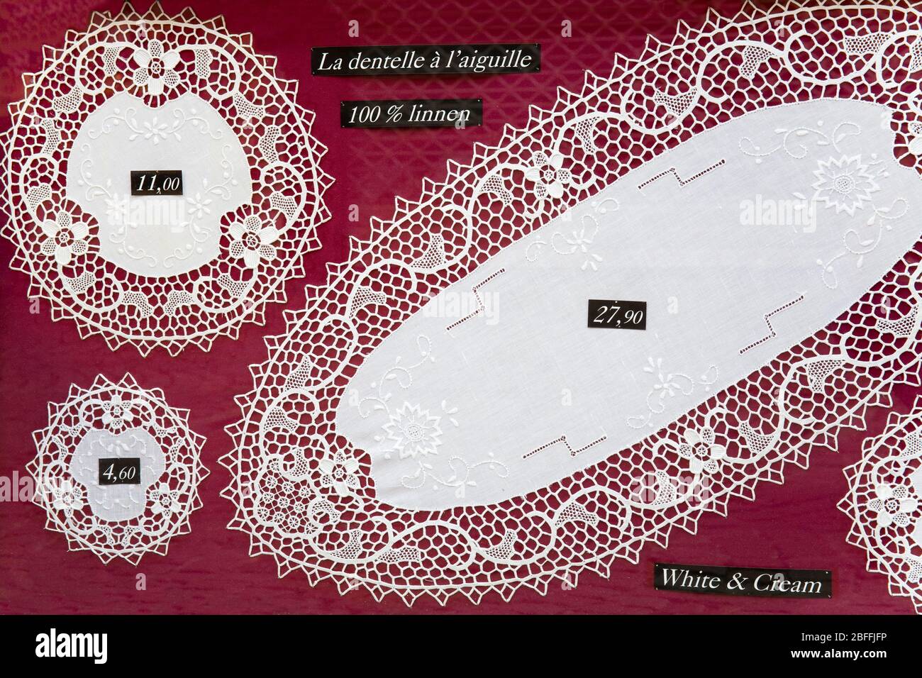 Belgian lace in store window,Bruges,West Flanders,Belgium,Europe Stock ...