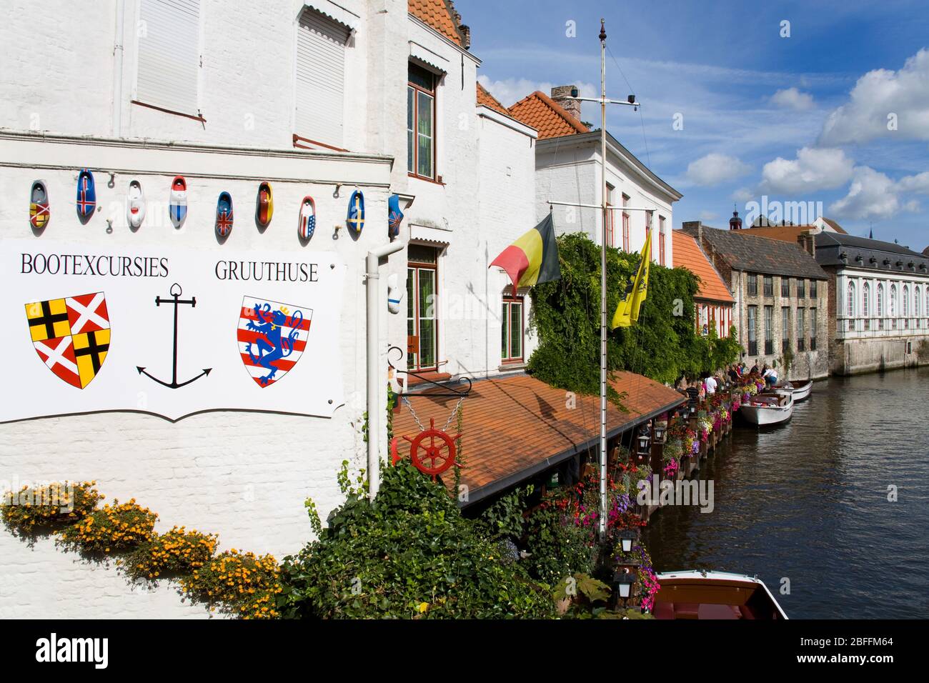 Tour boat dock on the canal in Bruges,West Flanders,Belgium,Europe ...