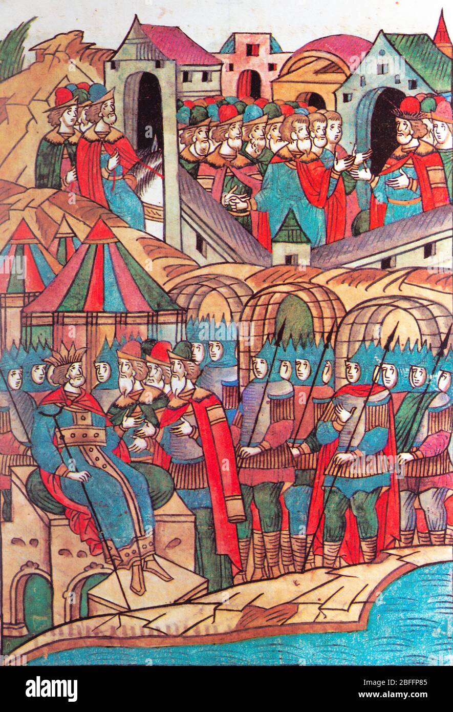 Russian medieval book miniature, illustration from illuminated codex of ...