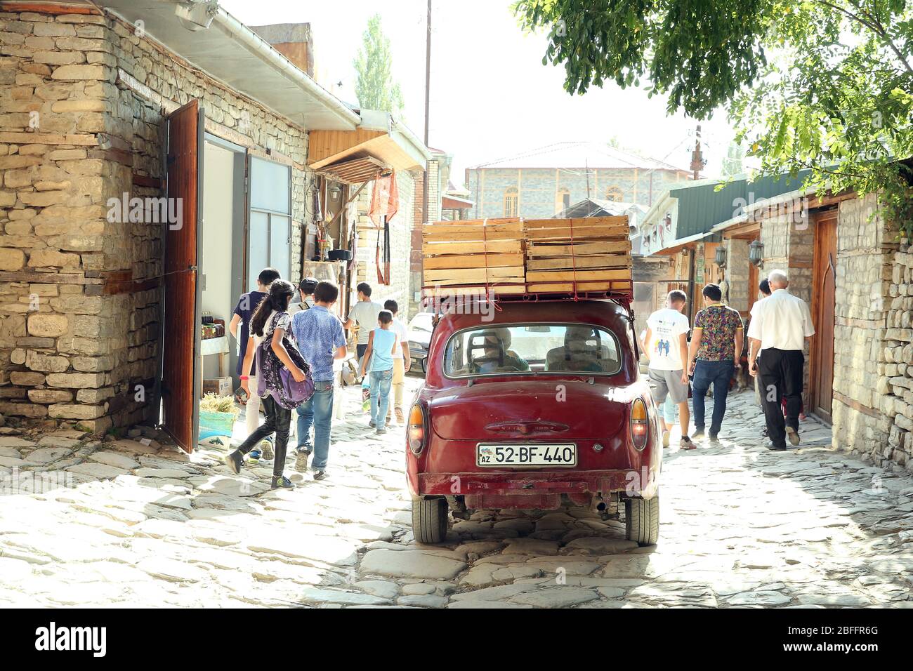 Main central street of Lahij - a town in the historic buildings . Lahic ...