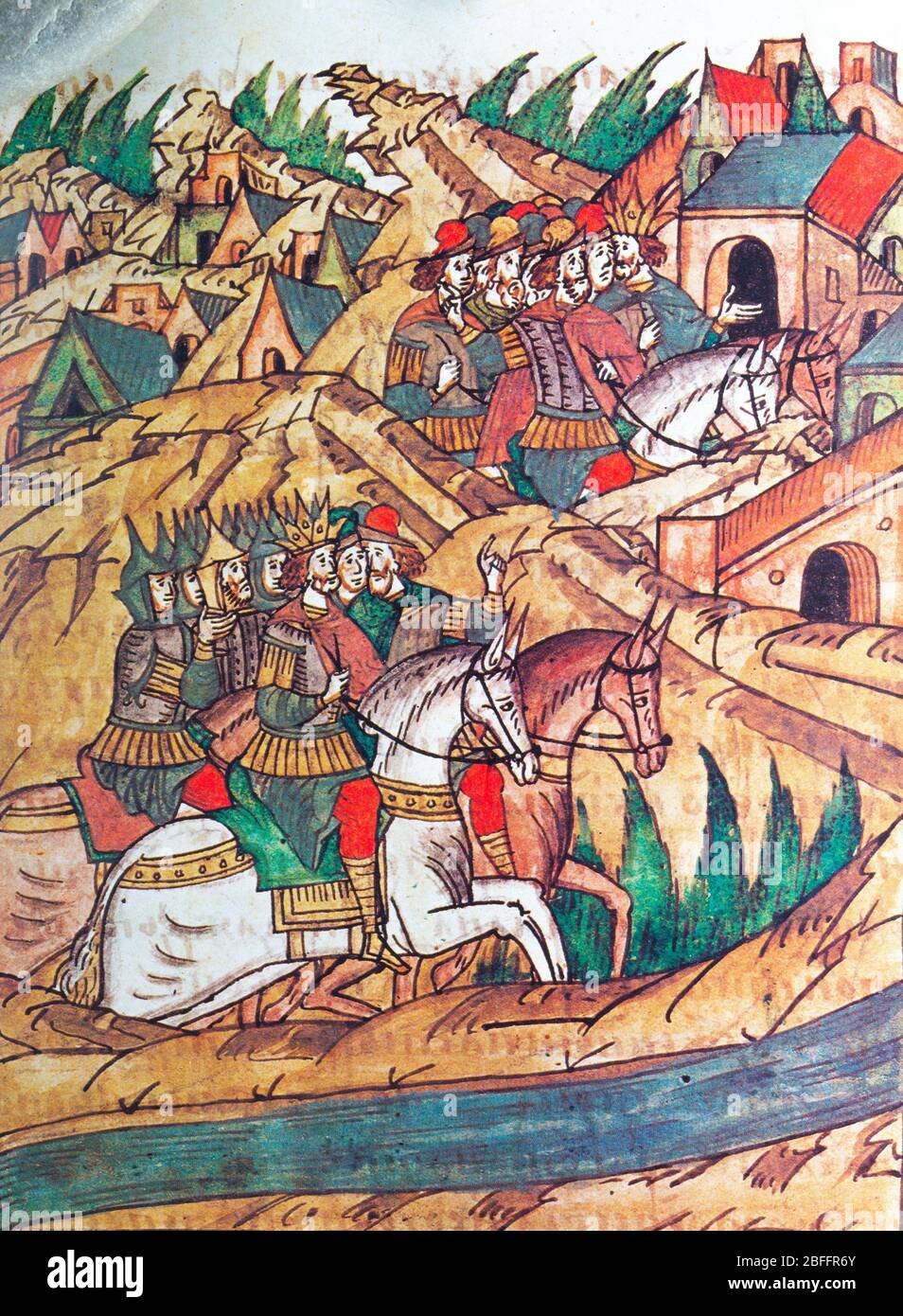 Russian medieval book miniature, illustration from illuminated codex of ...