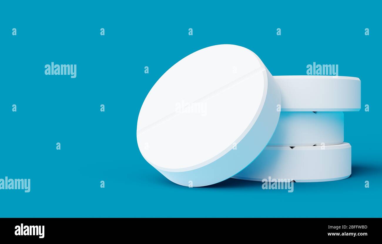 White pills or tablets stack on blue background, minimal pharmacy or ...