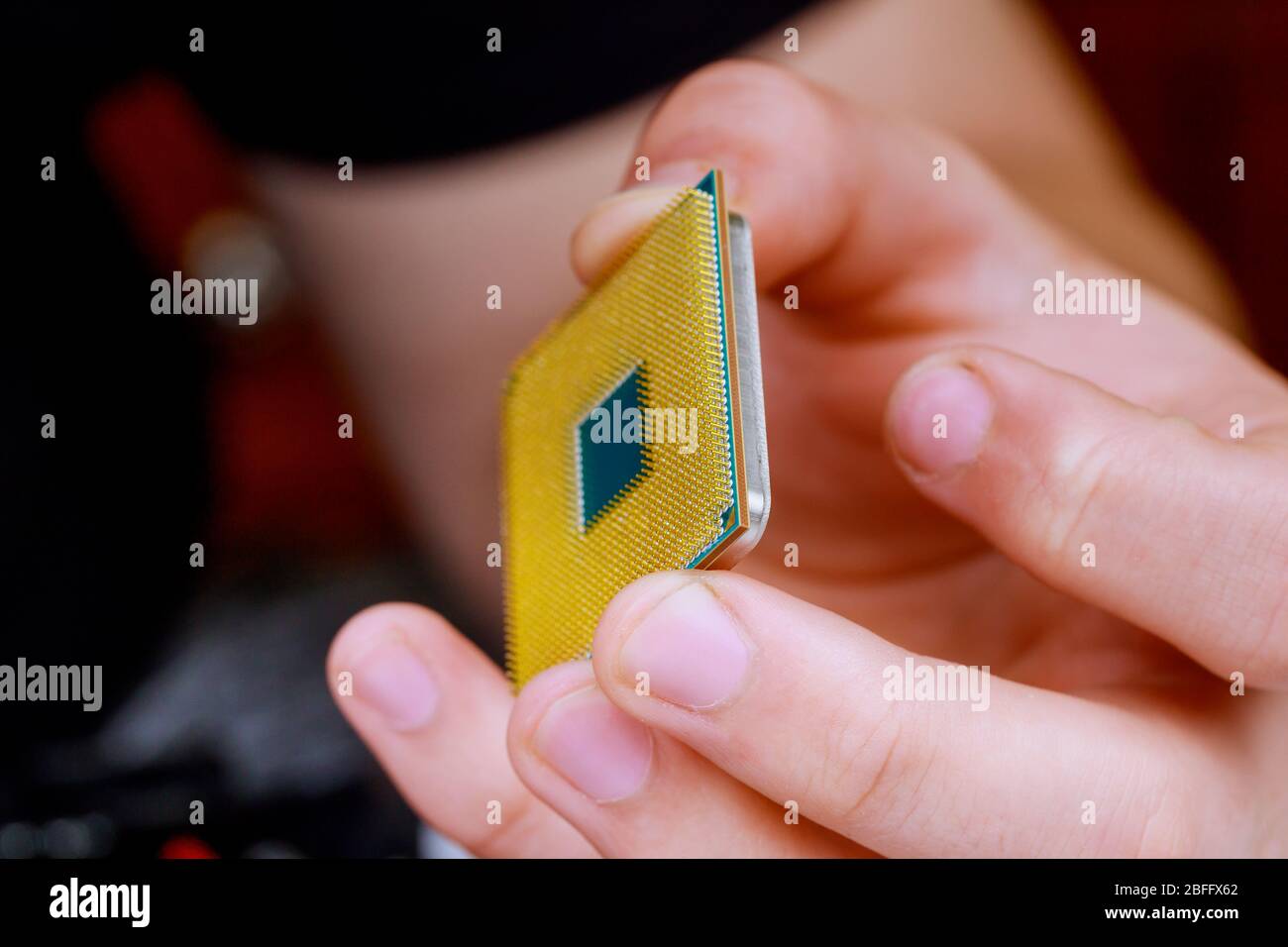 Computer technician installing CPU on motherboard on a personal ...