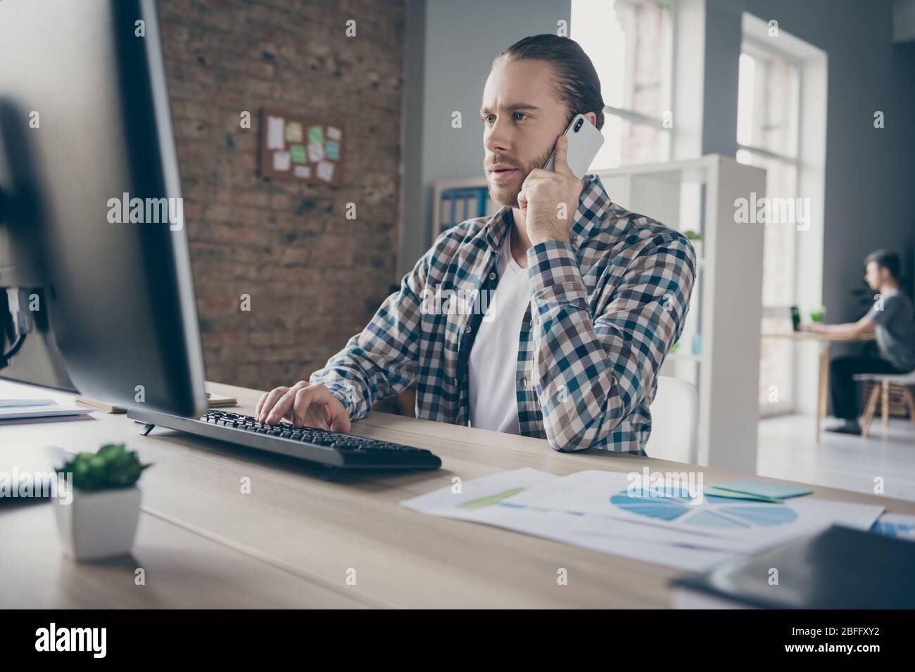 Photo of handsome business manager guy look computer monitor table ...