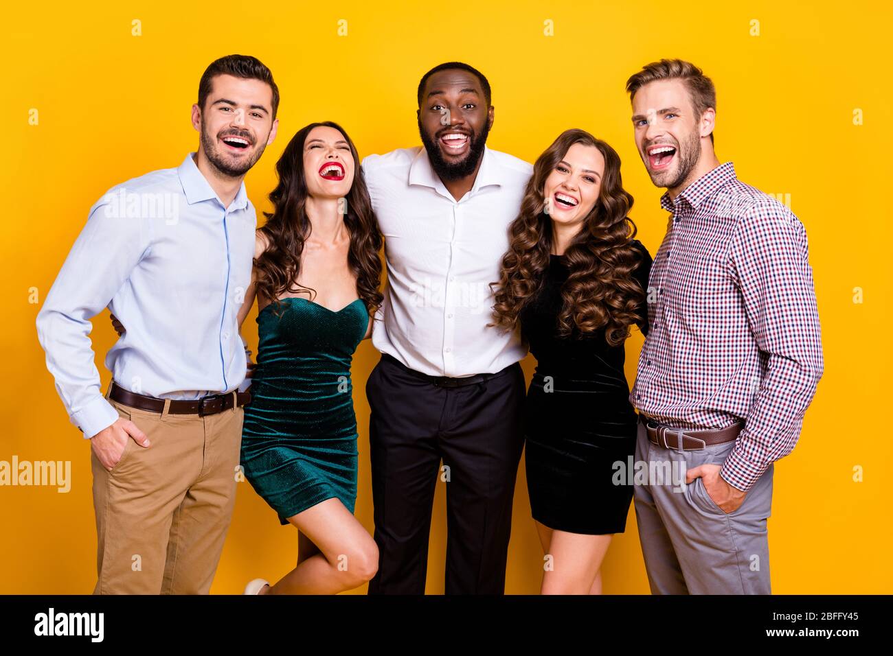 Photo of gorgeous two ladies three macho guys company students ...