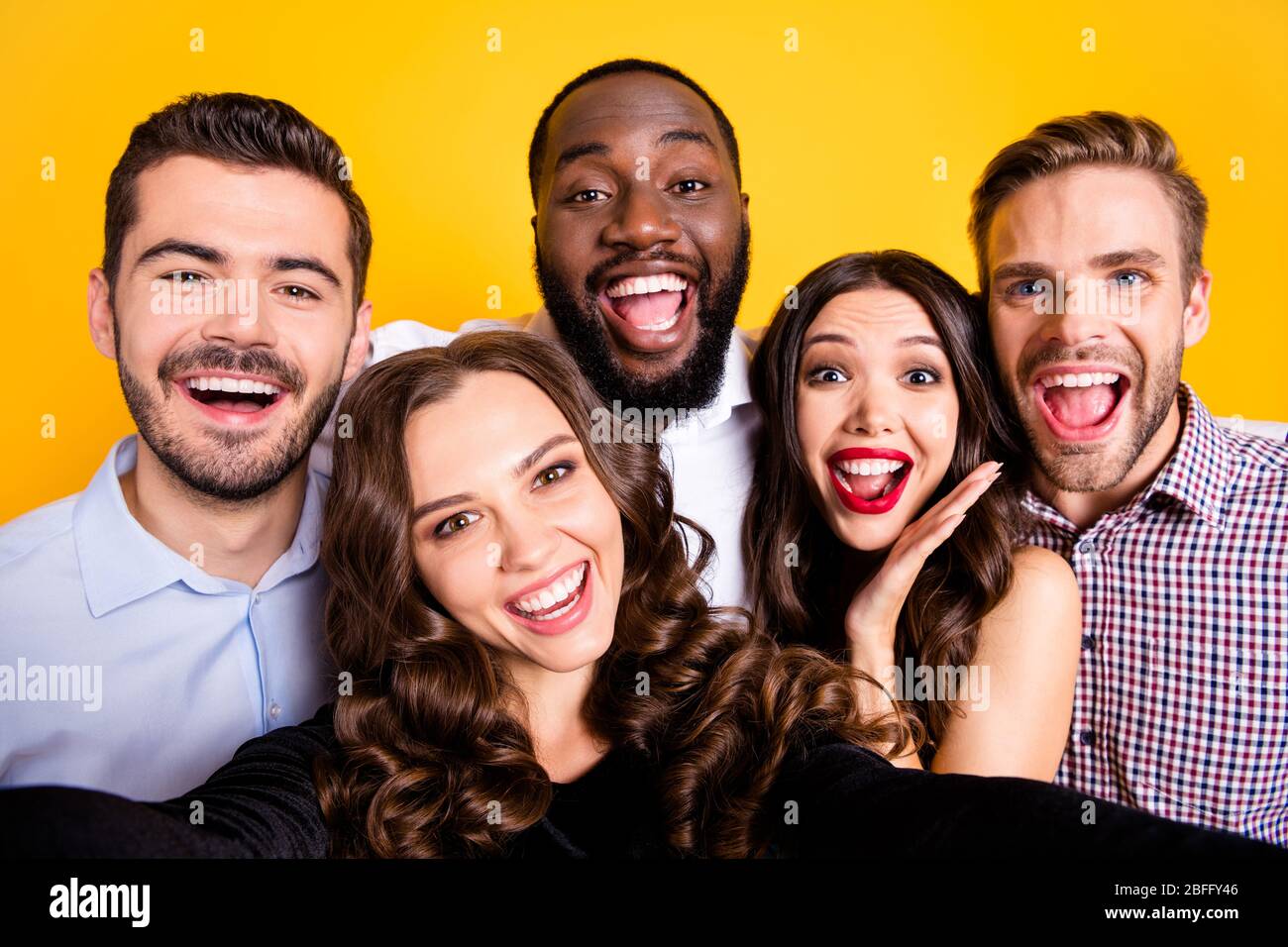 Closeup photo of attractive fancy ladies macho guys company students ...