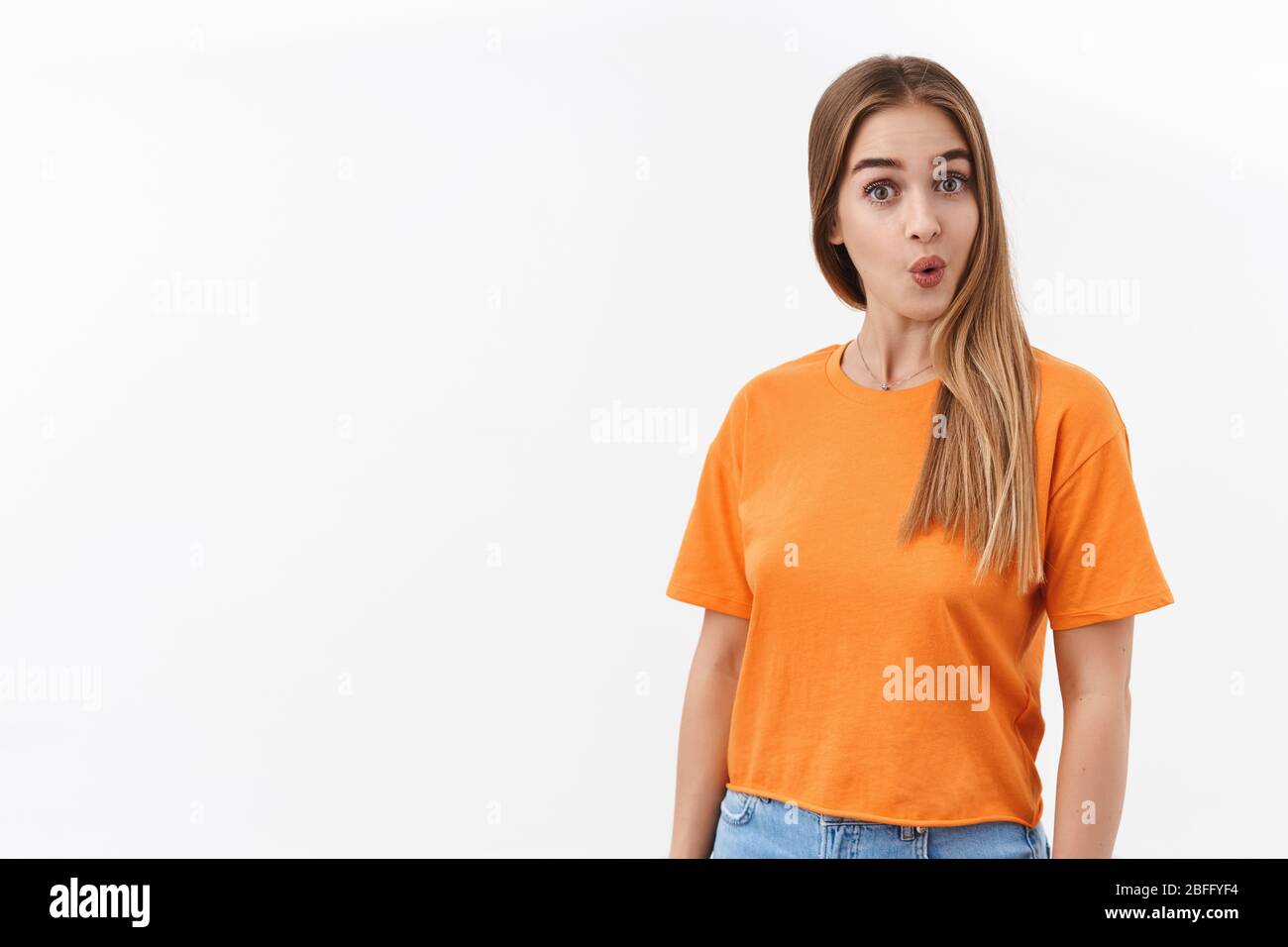 Wow very interesting. Portrait of curious and amused blond fascinated ...