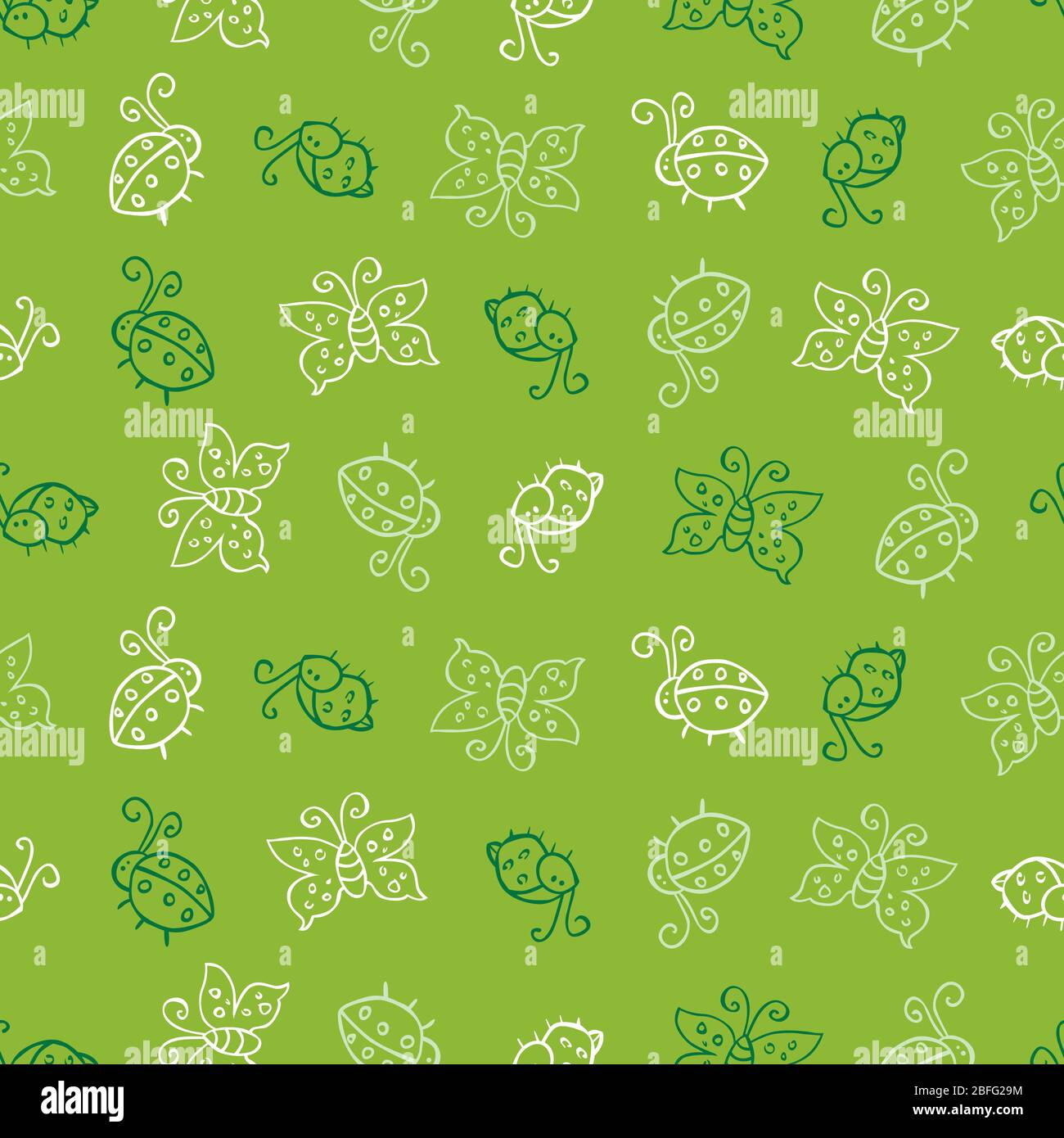 Vector green monochrome bugs and butterfly doodle repeat pattern ...