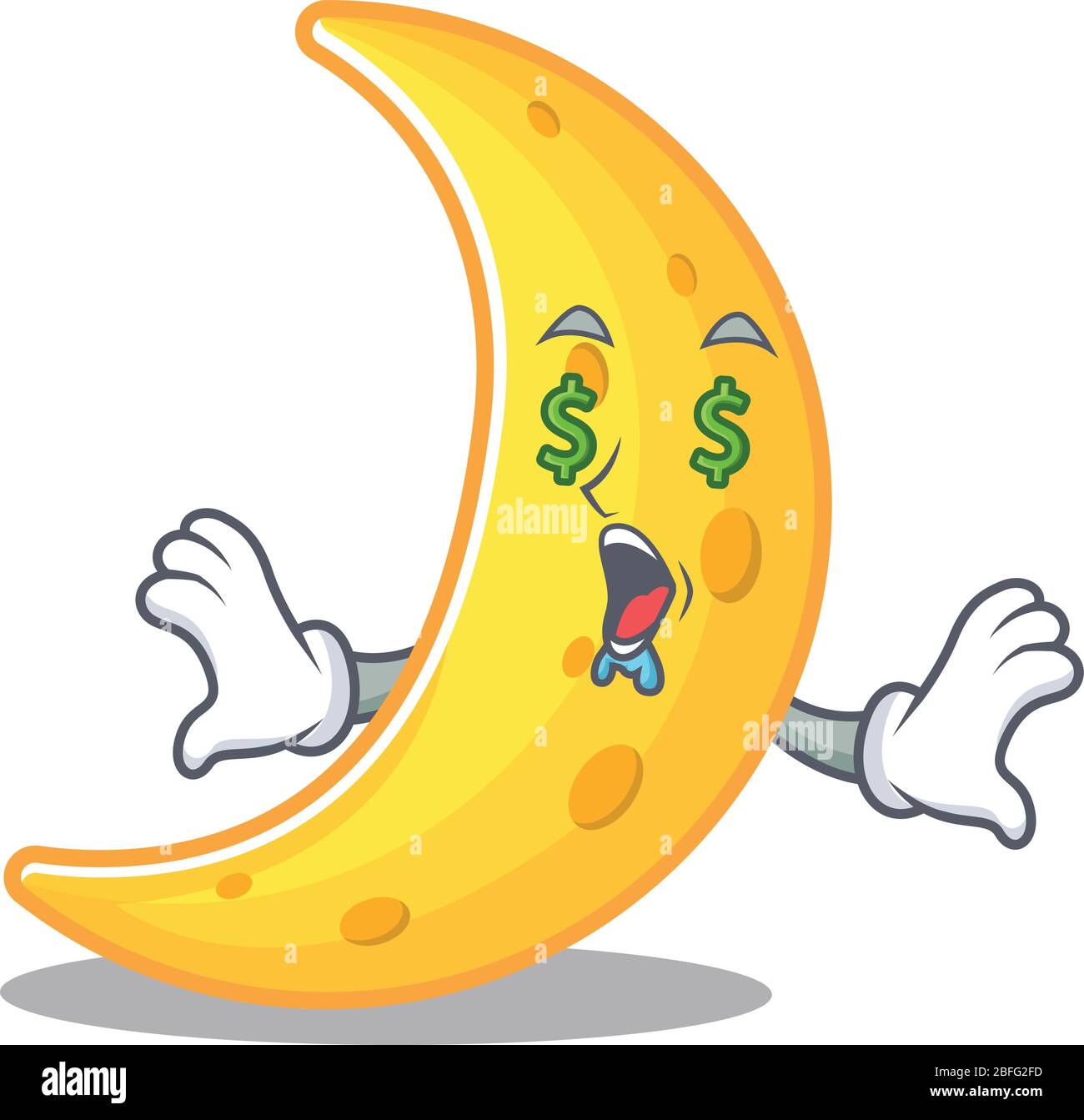 Rich cartoon character design of crescent moon with money eyes Stock ...