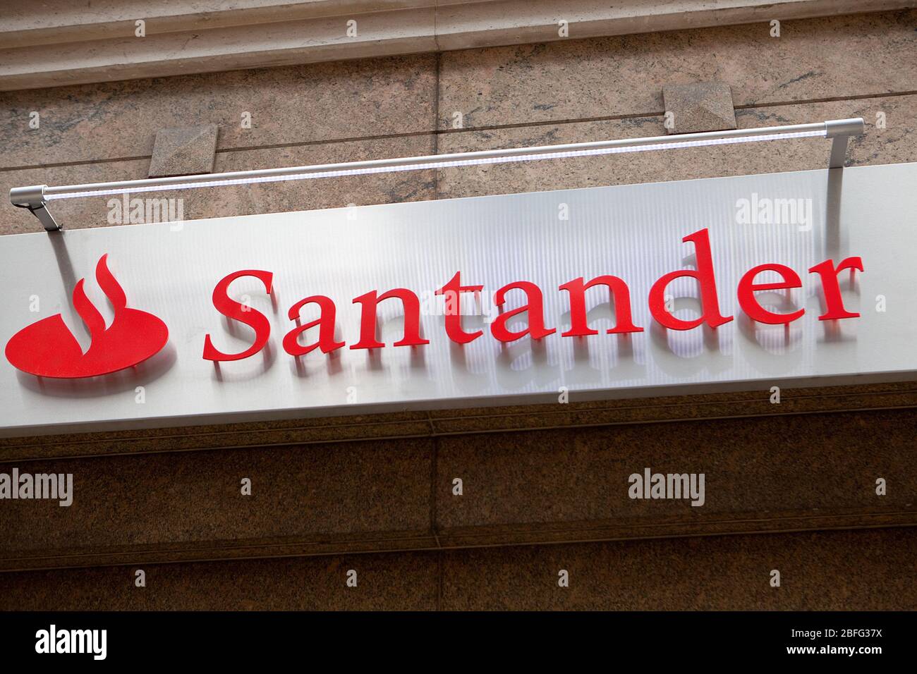 External shot of an Abbey store, with the new Santander rebranding ...