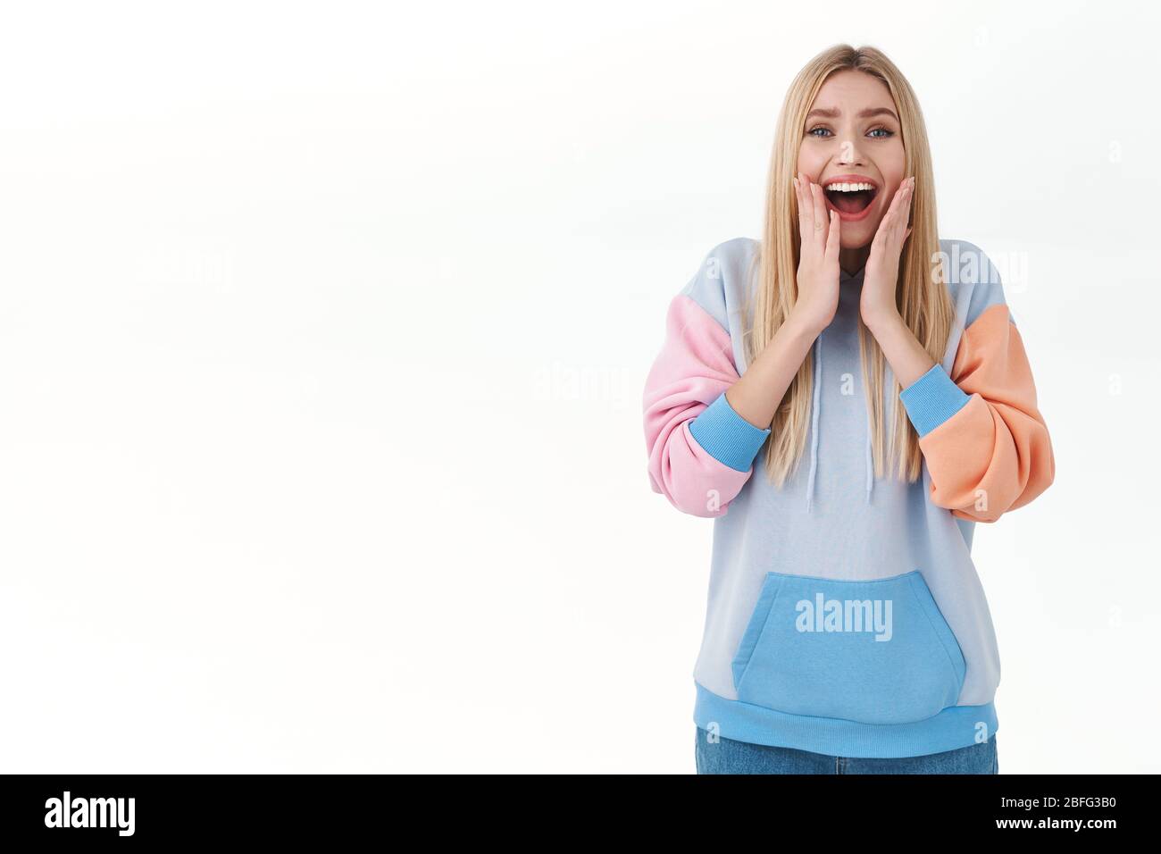 Rejoicing Happy Feminine Blond Caucasian Woman Sighing And Smiling