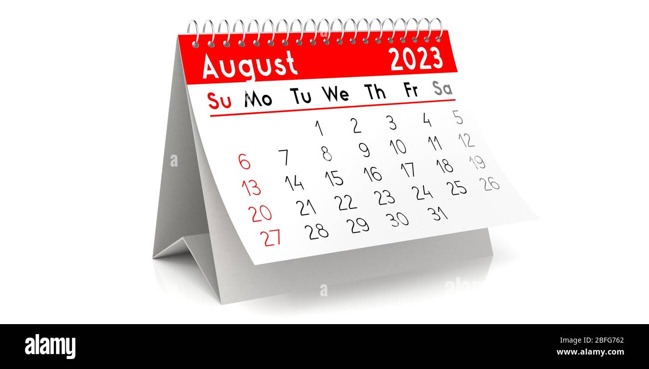 August 2023 - table calendar - 3D illustration Stock Photo - Alamy
