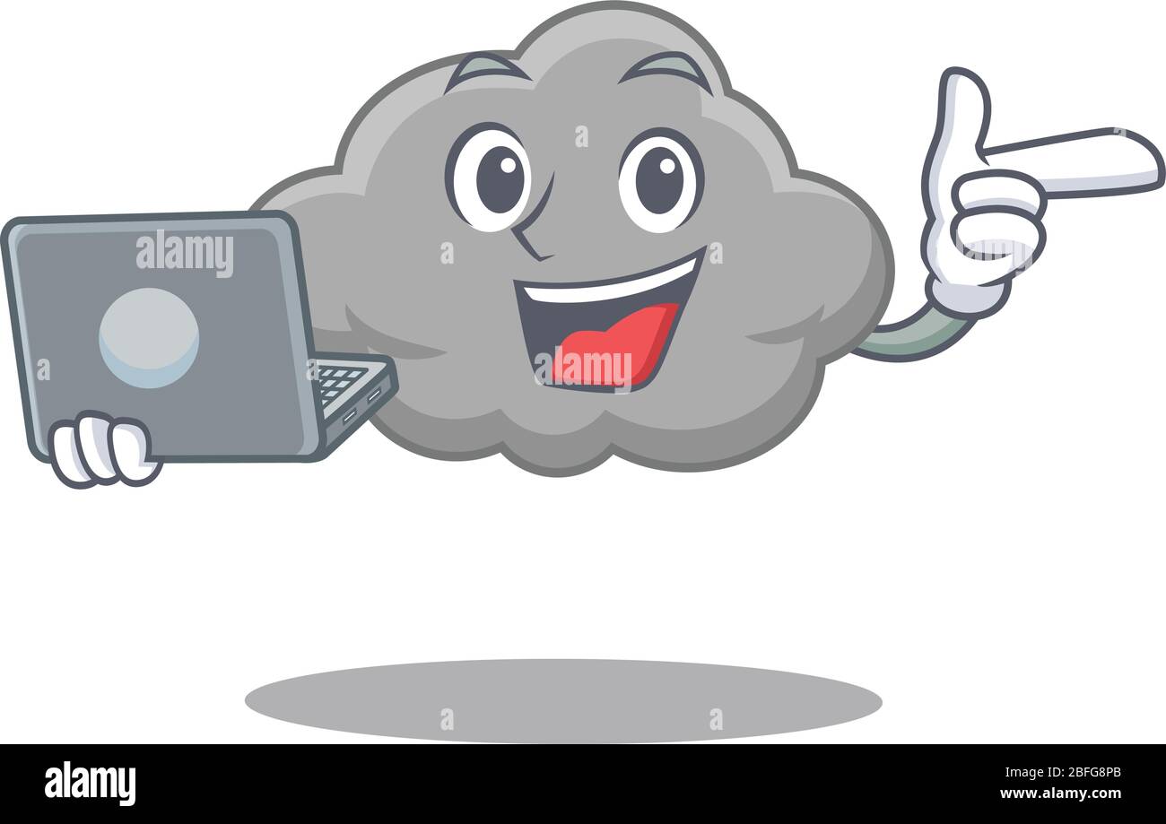 Cartoon character of grey cloud clever student studying with a laptop ...