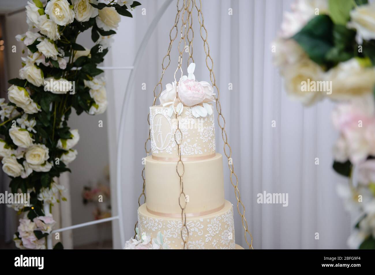 A beautiful big cake for a special event. Sweet table for special party ...