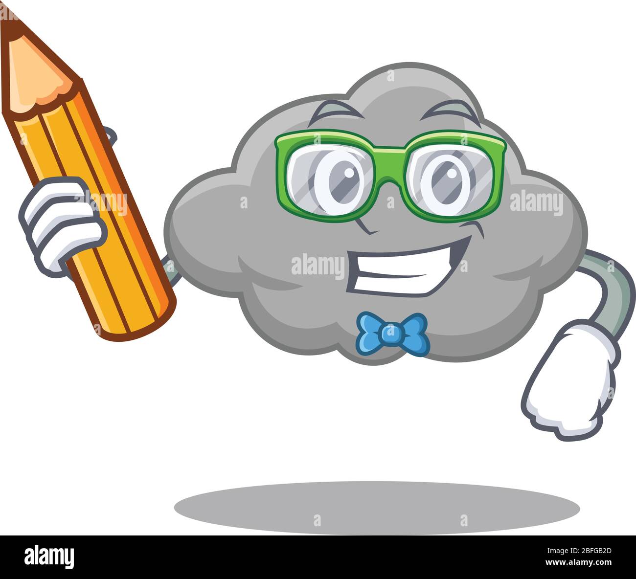 A brainy student grey cloud cartoon character with pencil and glasses ...