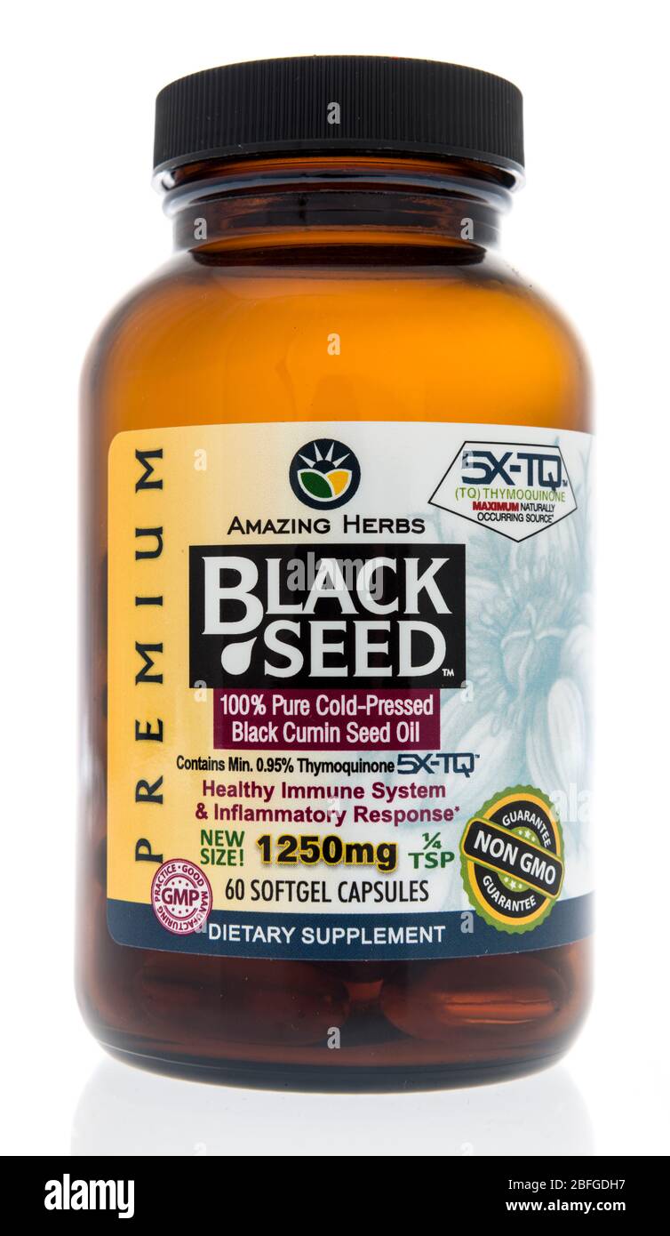 Winneconne, WI - 31 March 2020: A package of Amazing herbs black seed ...