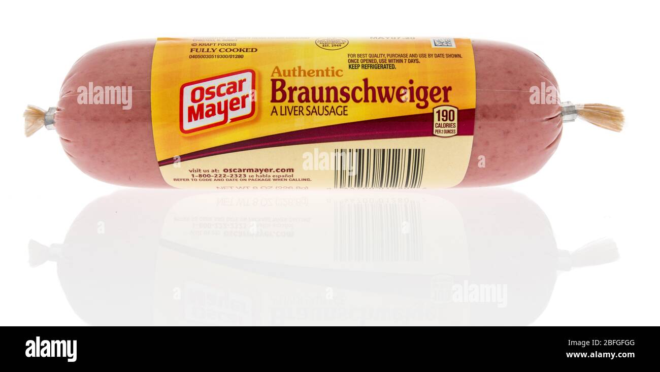 Winneconne, WI - 17 April 2020: A package of Oscar Mayer braunschweiger ...