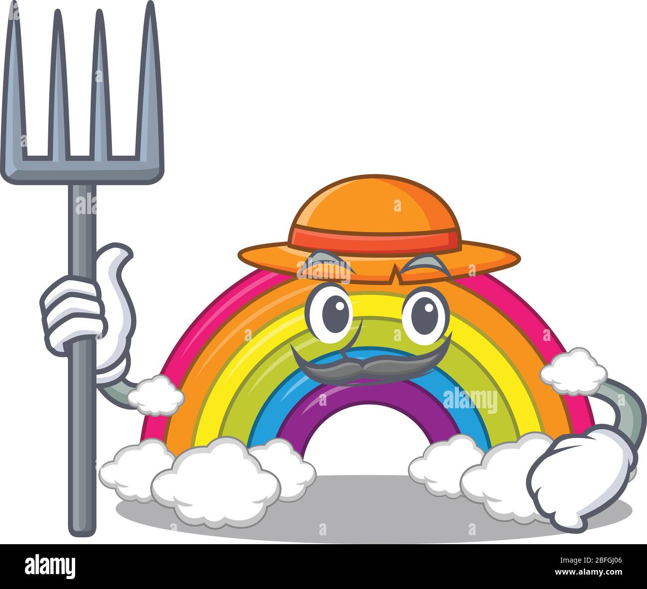 Cartoon character design of rainbow as a Farmer with hat and pitchfork ...