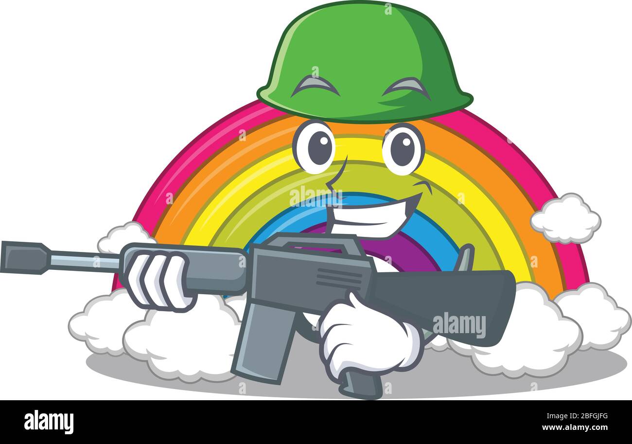A cartoon picture of rainbow in Army style with machine gun Stock ...