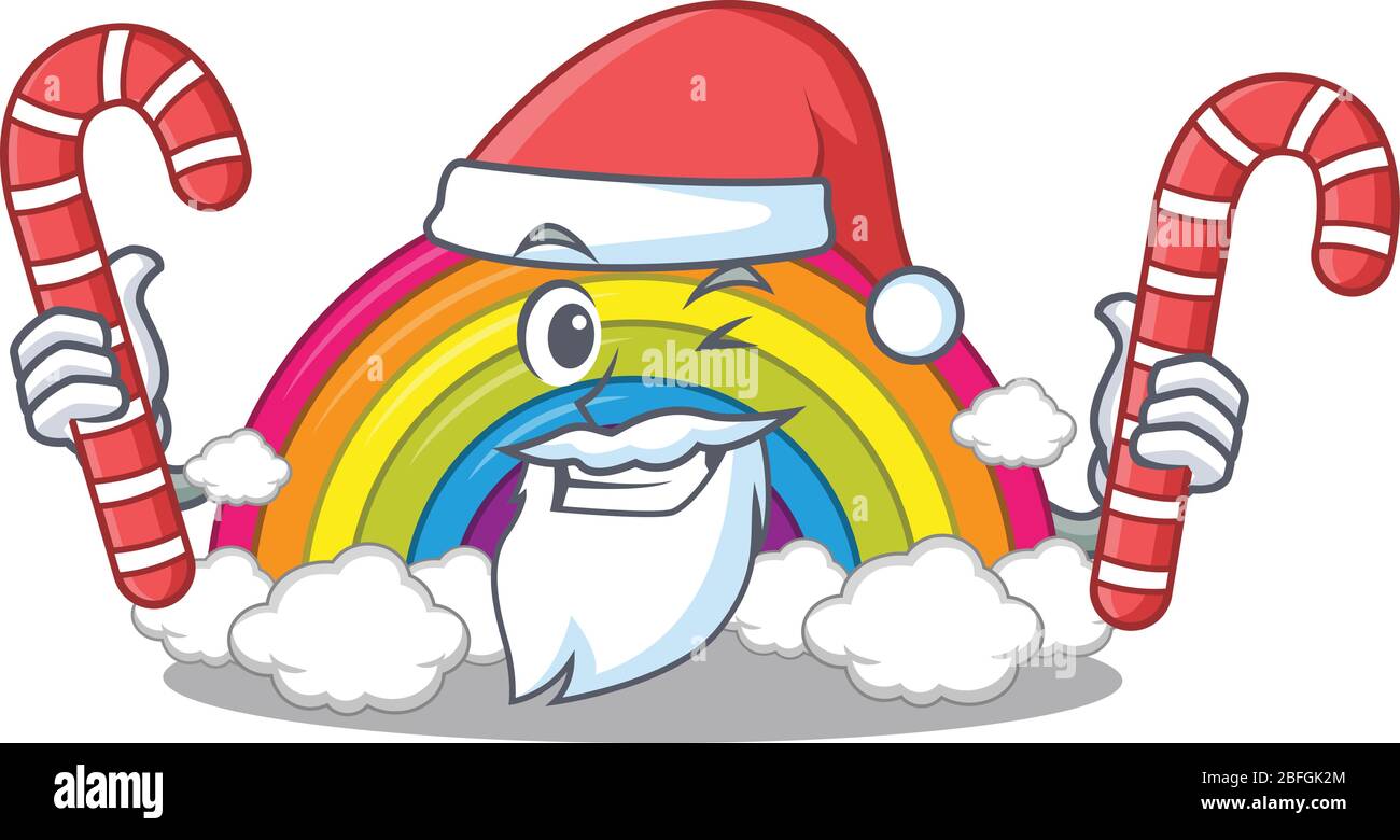 Friendly rainbow d in Santa Cartoon character holds Christmas candies ...
