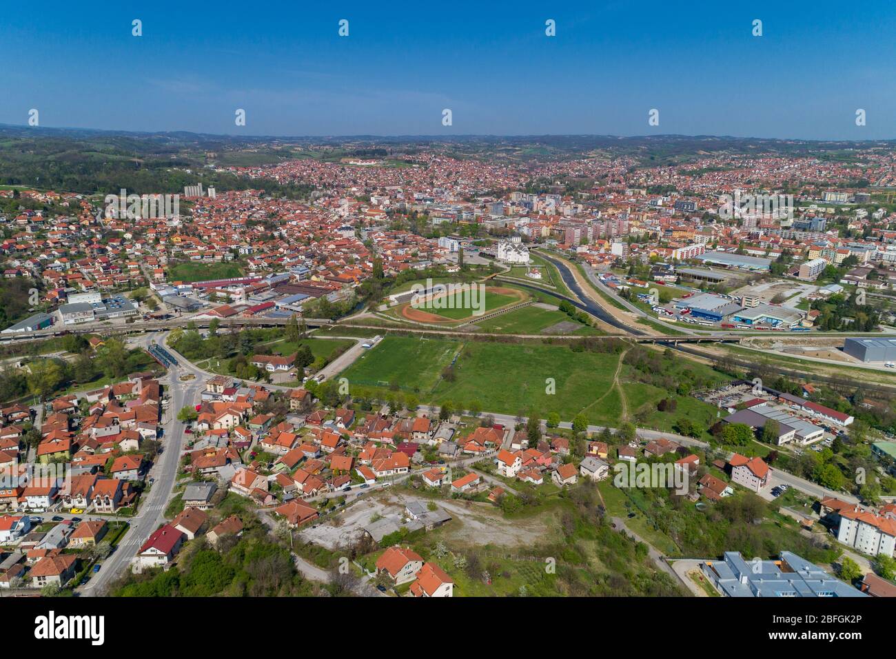 Valjevo, Aerial view panorama of city in Serbia, administrative center ...