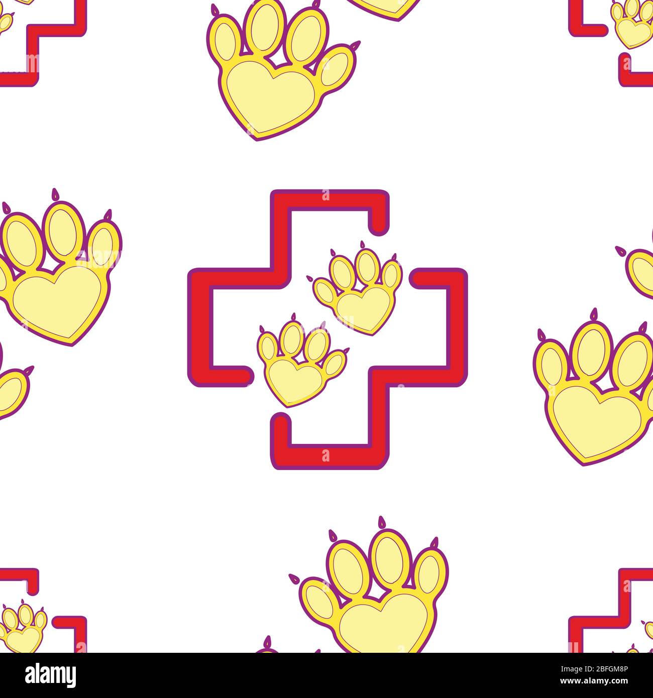 Pet First Aid. Red cross and paw as heart. Veterinary clinic seamless ...