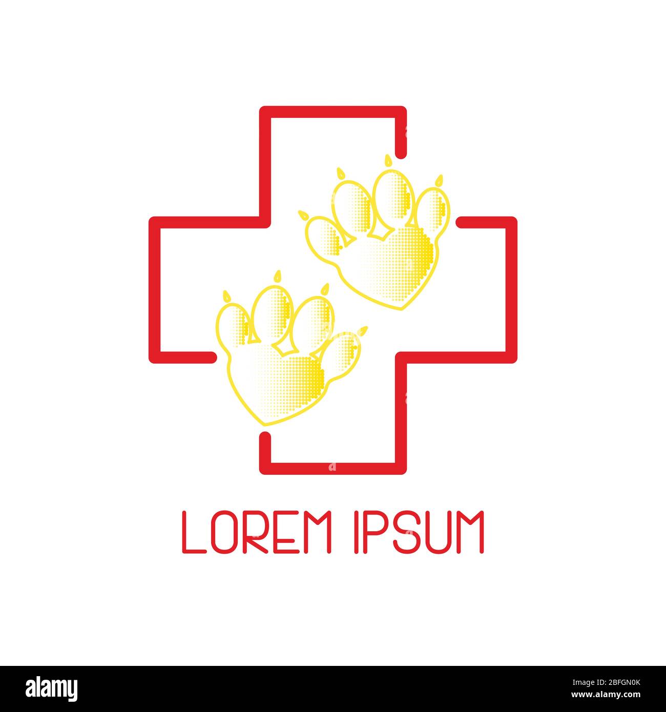Pet First Aid. Red cross and paw as heart. Vet clinic hospital logotype ...